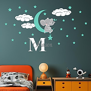 Custom Name & Initial decorationsnt Decor | Wall Decals for Kids Bedroom Decor | Elephant Baby Shower Decorations for Girl | Baby Elephant Nursery Decor with Moon Wall Decor (Wide 34"x18" Height)