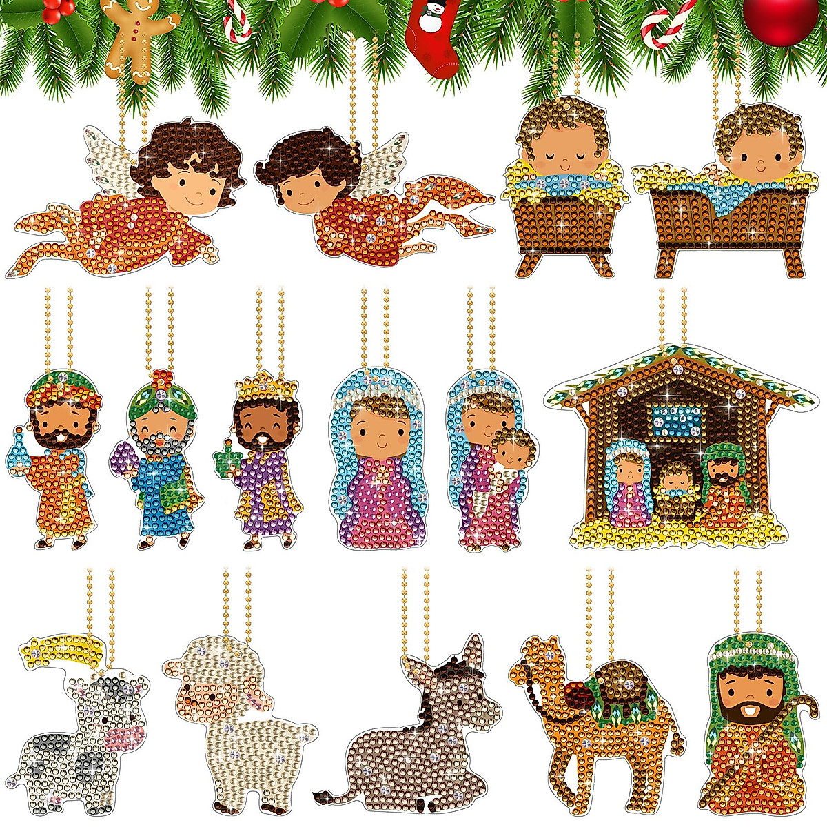 Remuuly 15 Pcs Christmas Nativity Scene Diamond Painting Keychain Christmas Hanging Ornaments 5D DIY Diamond Painting Decor Diamond Art Ornaments for Xmas Gift Holiday Craft