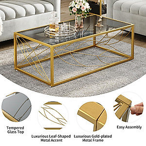 DWVO 48 Inch Marble Pattern Slate Coffee Table Modern Rectangle White and Gold Coffee Tables for Living Room