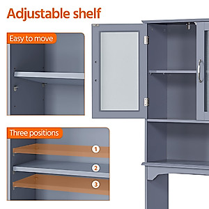 Yaheetech Over The Toilet Storage Cabinet, Free Standing Toilet Rack with Adjustable Shelves and Tempered Glass Doors for Bathroom Washroom, Grey