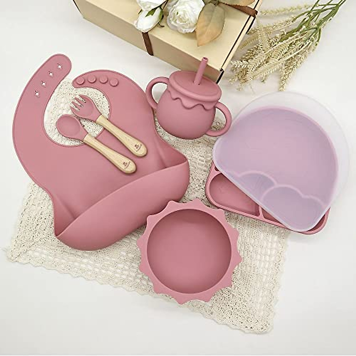 Luxekids Silicone Baby Feeding Set - Silicone Baby Led Weaning Supplies - Baby Bowls and Spoons First Stage - Utensils for Toddler - Dinnerware Dish Set for Eating Solid Food - 8 Piece Set (Dark Pink)