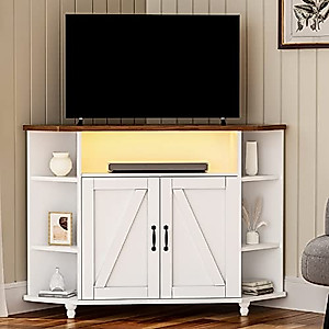 4 EVER WINNER Corner TV Stand for 50 Inch TV, 45” Farmhouse Corner TV Cabinet with LED Light, Adjustable Shelves and Barn Doors, Corner Entertainment Center for Living Room Bedroom, White