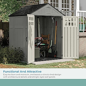 Suncast Everett 6' x 5' Heavy-Duty Resin Outdoor Storage Shed with Pad-Lockable Double Doors and Windows, All-Weather Shed for Yard Storage, Dove Gray