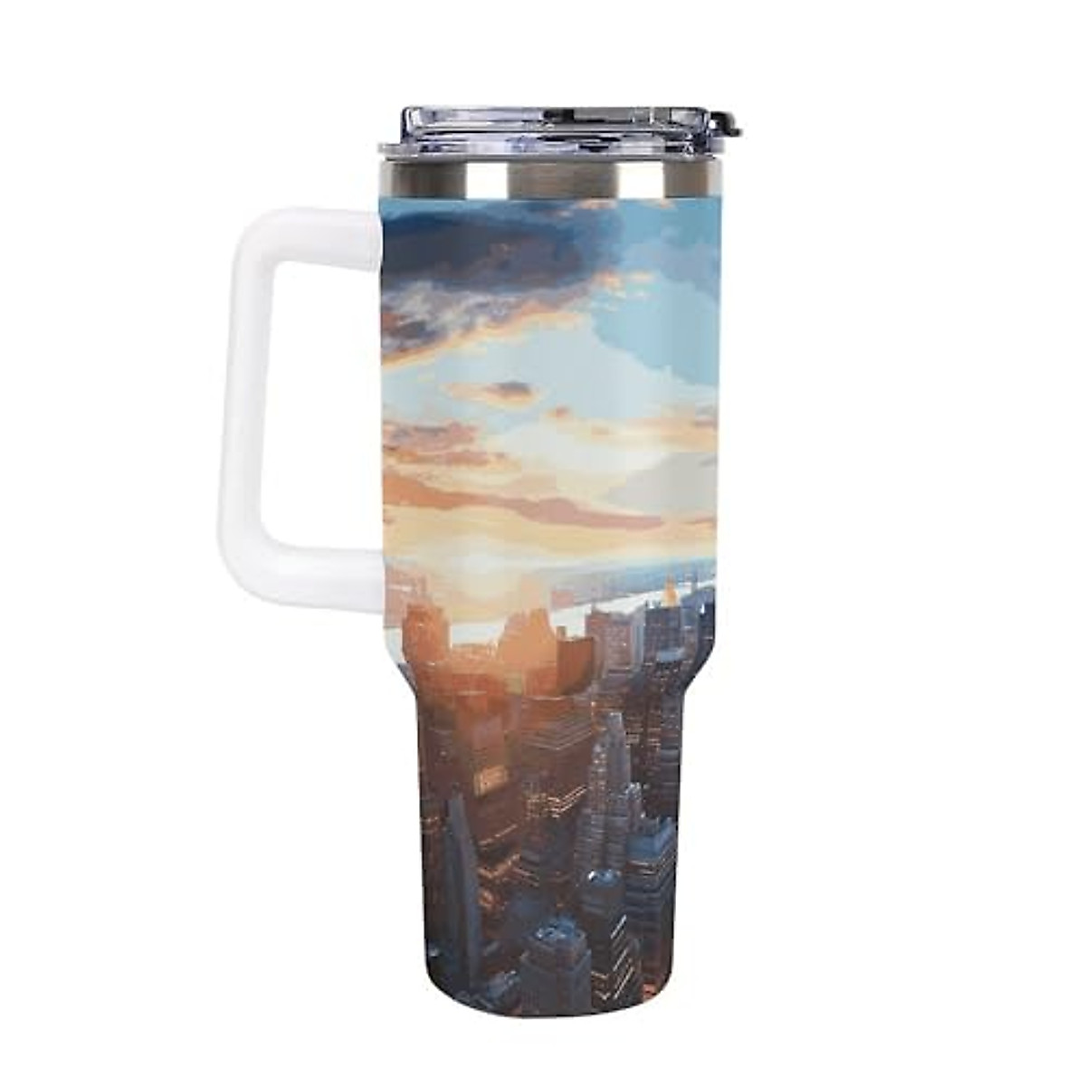 LLUTSNTH 40 Oz Vacuum Tumbler with White Handle Leakproof Insulated Tumbler New York City Skyline Stainless Steel Travel Mug with Lid And Straw Coffee Cup Cute Water Bottles Cup Holder Friendly