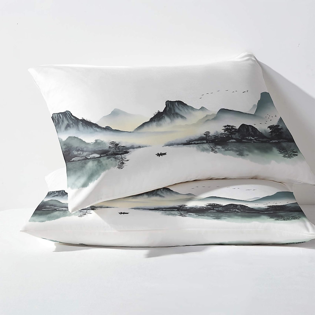 Nature Sheets Full Size, Ink Painting Bed Sheets, Patterned Bedding Sheets & Pillowcases 4 Piece Set - Soft Microfiber Deep Pocket Fitted Sheet & Flat Sheet & 2 Pillow Cases Z1-&-191