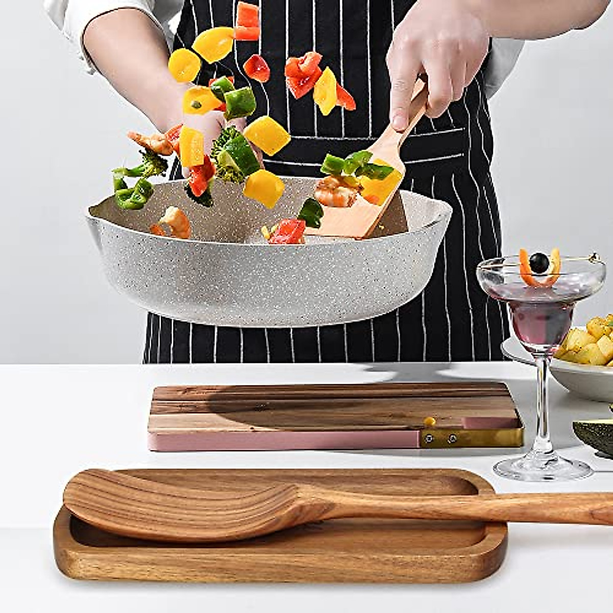 10" Long Acacia Spoon Rest Wooden Cooking Spoon Holder for Stove Top Kitchen Spatula Spoon Rest Best Wood Spoon Rest for Kitchen Counte Coffee Spoon Rest Utensil Rest