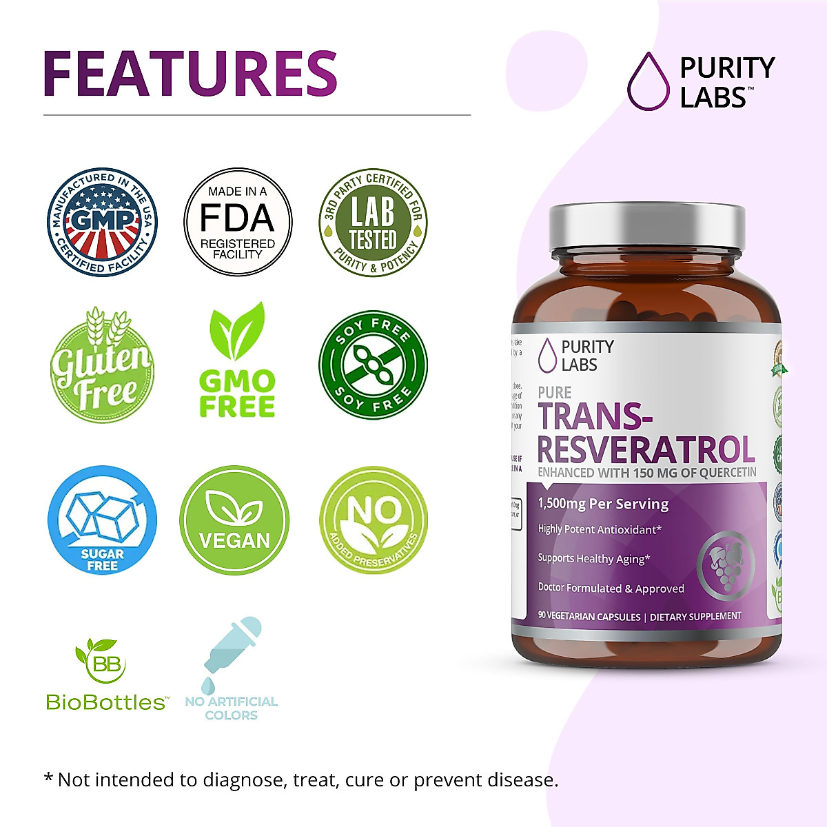Purity Labs Pure Trans-Resveratrol Supplement + Quercetin 1500mg, Vegan Supplements for Heart, Skin Hair Nails, Anti Aging Antioxidant Supplement 90ct