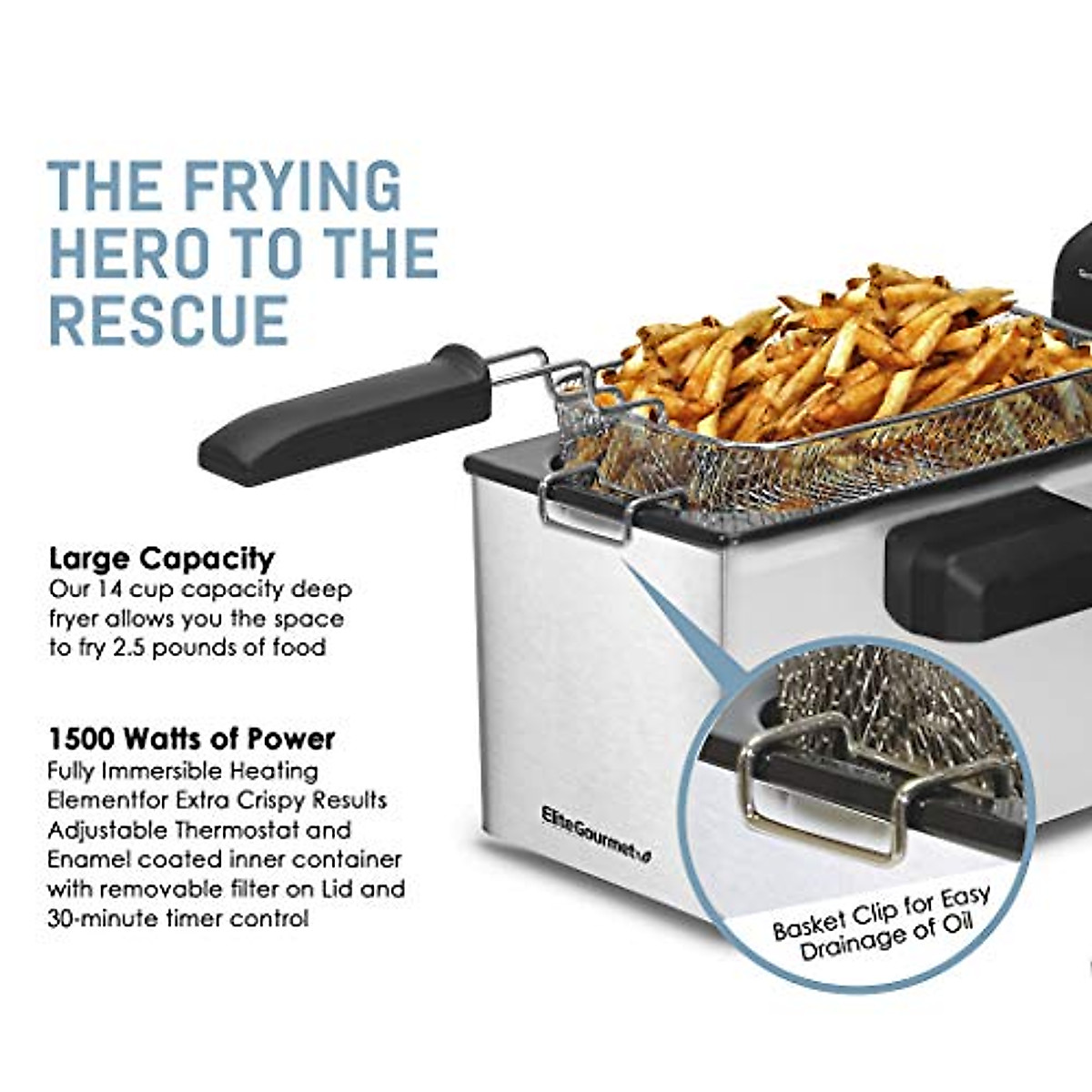 Elite Gourmet EDF-3500# Electric Immersion Deep Fryer. Removable Basket, Timer Control Adjustable Temperature, Lid with Viewing Window and Odor Free Filter