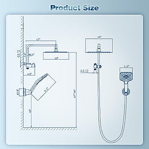 Gabrylly Shower Heads with Handheld Spray Combo, 10" High Pressure Rainfall Shower Head with 11" Extention Arm and Suction Cup Holder, 3-Setting Handheld Shower Head with 59" Shower Hose, Matte Black