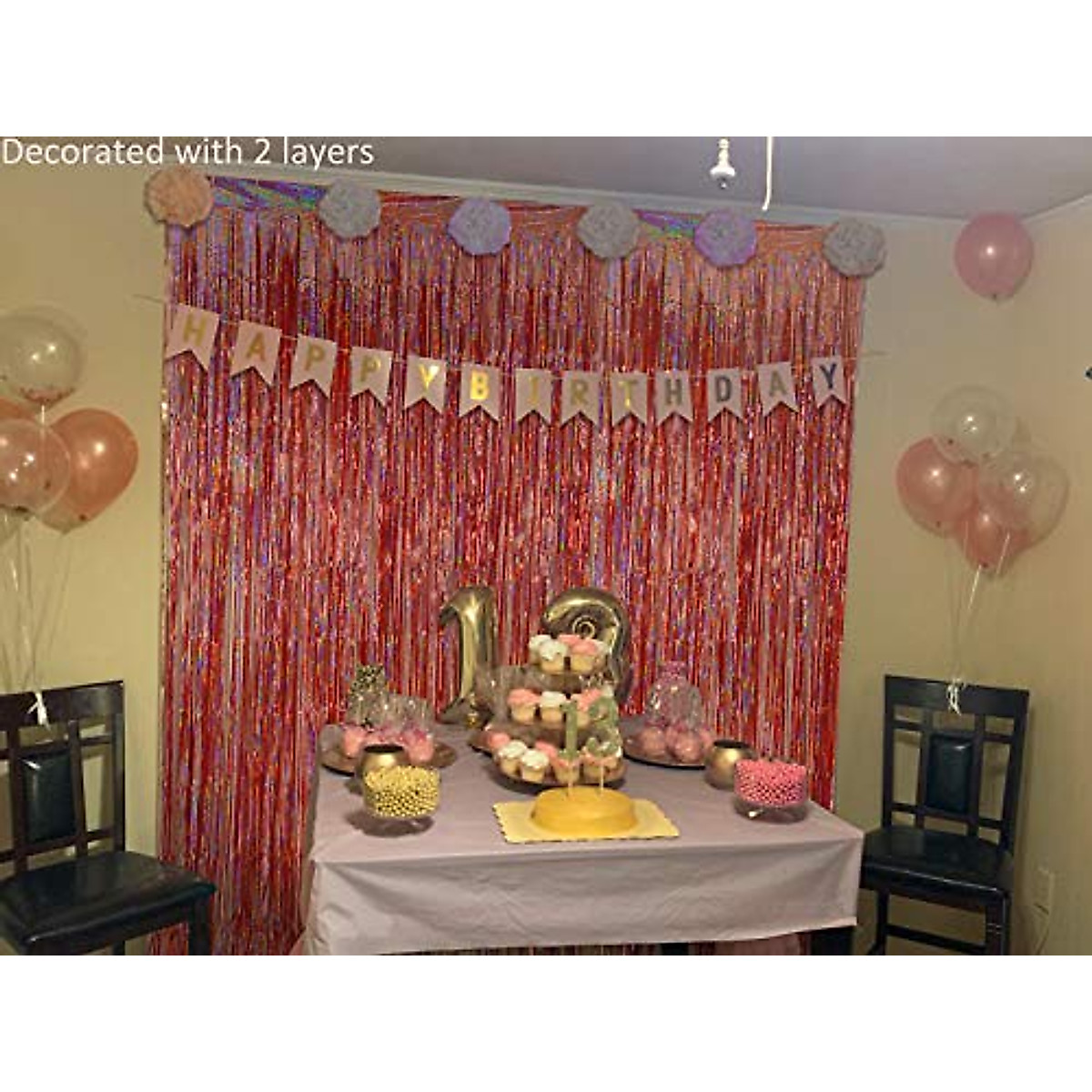 Foil Fringe Backdrop, Melsan 2 Pack 3.2 ft x 8.2 ft Tinsel Foil Fringe Curtains, Sparkle Fringe Curtains for Party Photo Background Decoration, Rose Gold