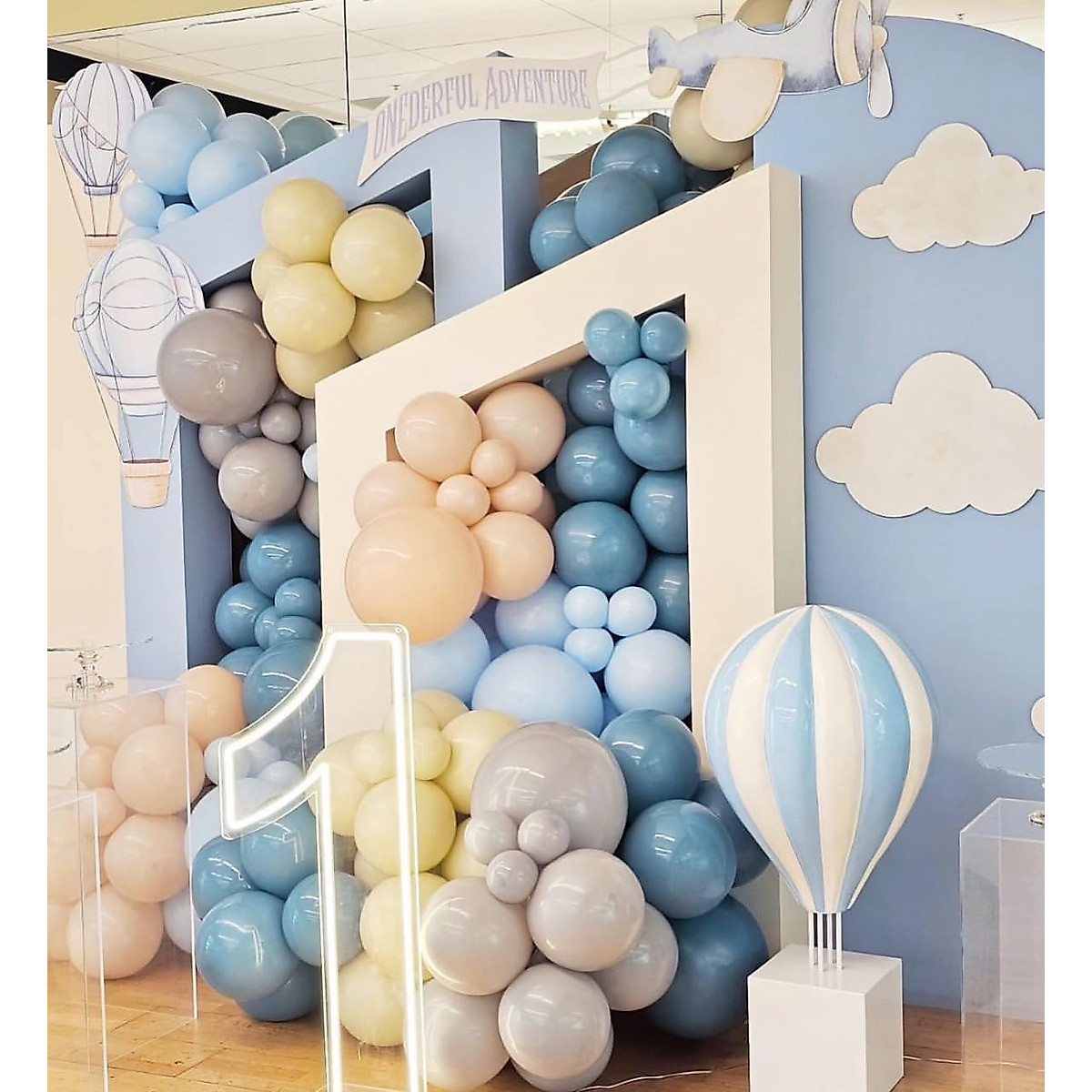 Enanal Up Up and Away Balloon Garland Arch Kit, 152pcs Dusty Slate Fog Baby Blue and Sand White Balloons with Hot Air Balloon and Cloud Foil Balloons for Baby Shower Decoration Teddy Themed Party
