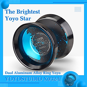 YOYOSTUDIO Yoyo Professional Unresponsive Yoyos with Dual Aluminum Alloy Rings, Pro Tricks Yo yos for Adults, Metal Yoyo for Kids Beginners with Strings, Gloves & Case Black and Blue (Black Ring)