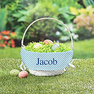 Personalized Easter Egg Basket with Handle and Custom Name | Blue Gingham Easter Basket Liners | White Basket | Woven Easter Baskets for Kids and Adults | Customized Easter Basket | Gift for Easter