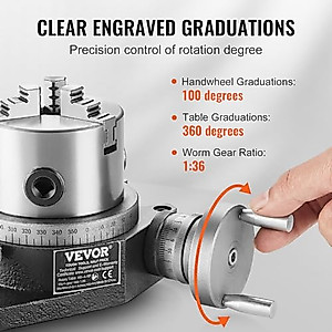 VEVOR Rotary Table for Milling Machines, 4''/ 100 mm, Horizontal Vertical Model Precision Milling Rotary Table, with 3.1''/80 mm 3-Jaw Chuck M10 T-Bolts Nuts, for Milling Engineering Indexing Tools
