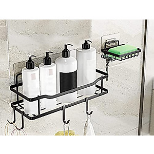 RIGEL STAR Shower Caddy with Soap Dish + 4Hooks, Adhesive Organizer, No Drilling Shelf, Rustproof Stainless Steel Rack With Soap Dish for Bathroom and Kitchen Storage, Matte Black