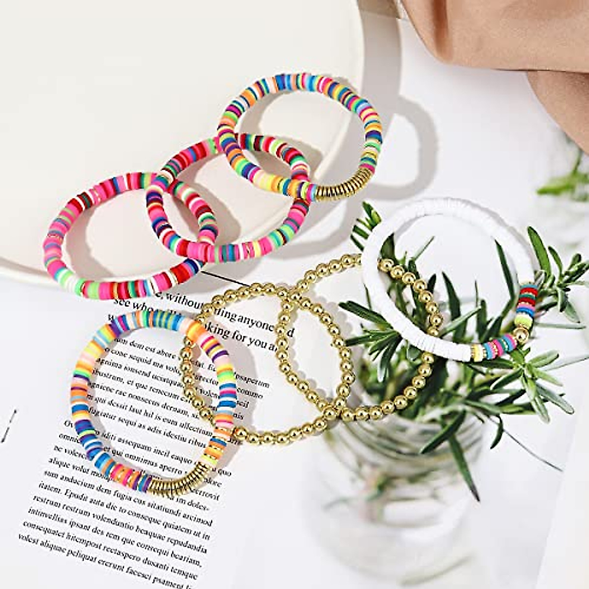 DIMISHIN Heishi Bracelet for Women Clay Bead Bracelet Stackable Beaded Stretch Bracelet Elastic Layered Colorful Beaded Bracelet Set (Colorful 7pc)