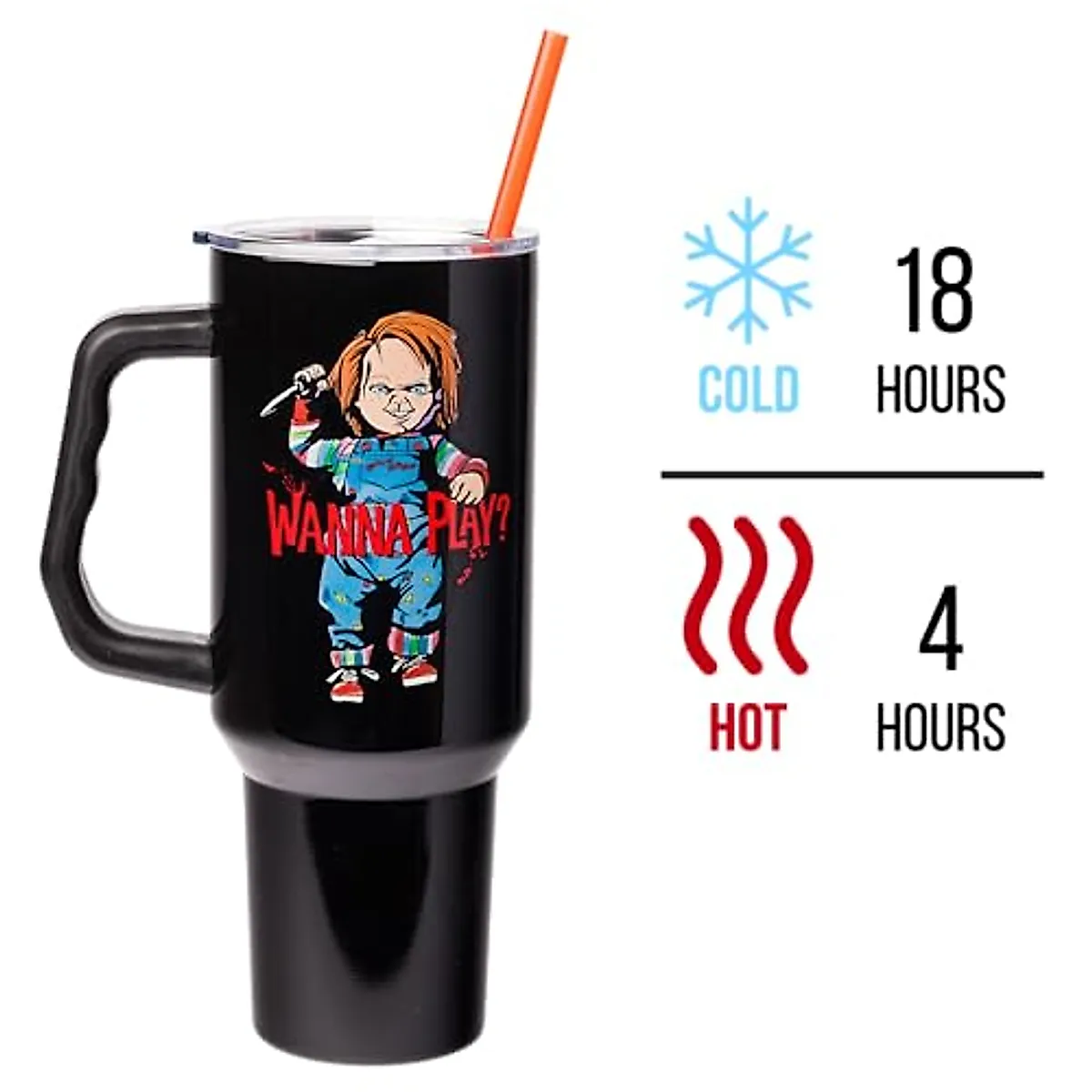 Silver Buffalo Chucky Holding Knife Wanna Play Spooky Scary Stainless Steel Tumbler with Handle and Straw, Fits in Standard Cup Holder, 40 Ounces