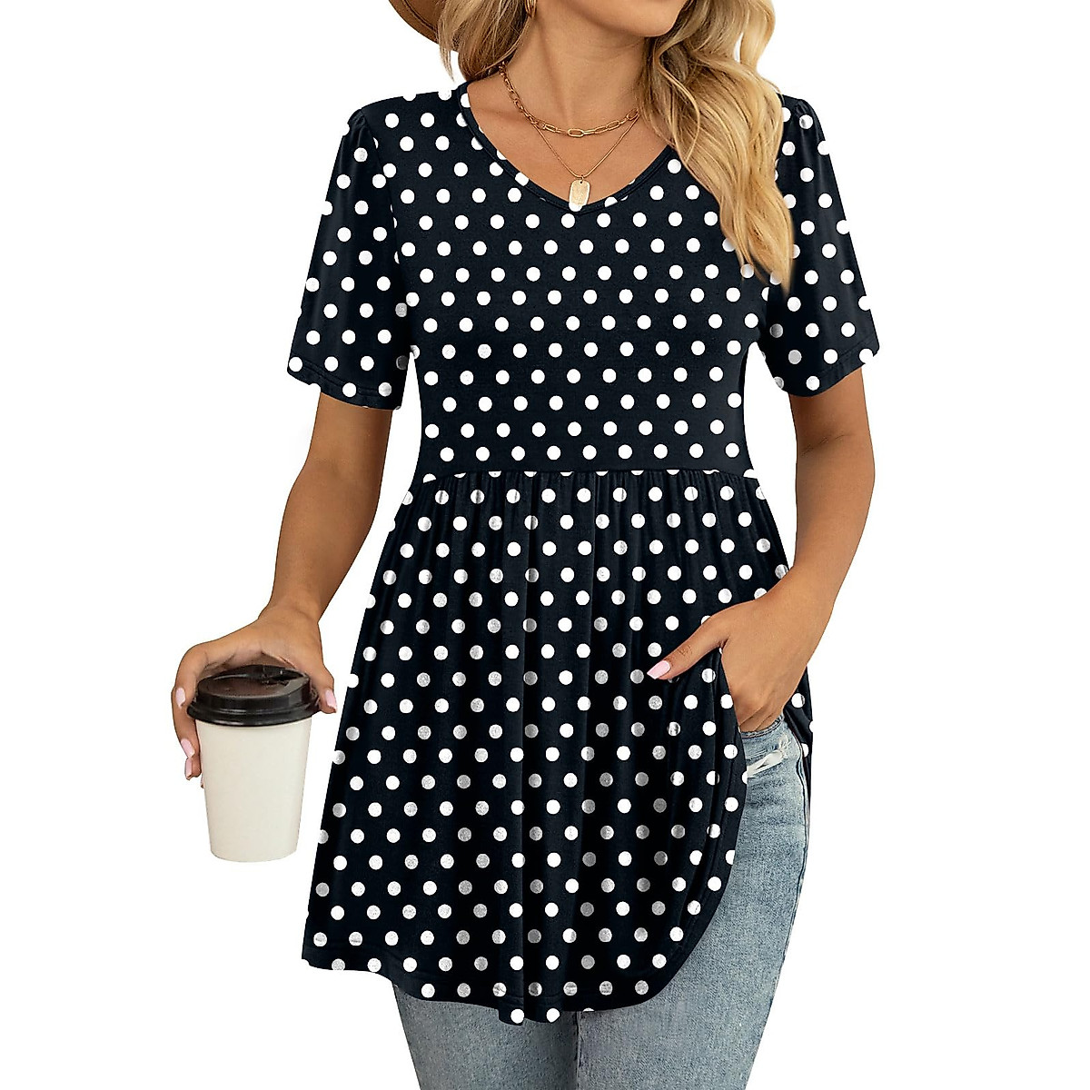YVH Women's Summer Tunics Babydoll Tops Casual Short Sleeve Long Peplum Blouse Shirts, Polka dot black, XL