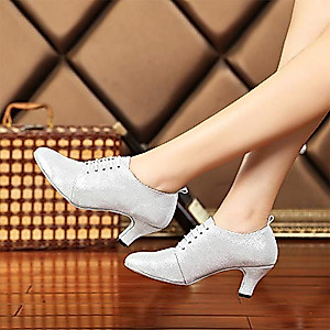 HIPPOSEUS Latin Dance Shoes for Women with Closed Toe Lace up Ballroom Latin Salsa Tango Dance Practice Shoes Low heel 2.33",Silver, 8 B(M) US