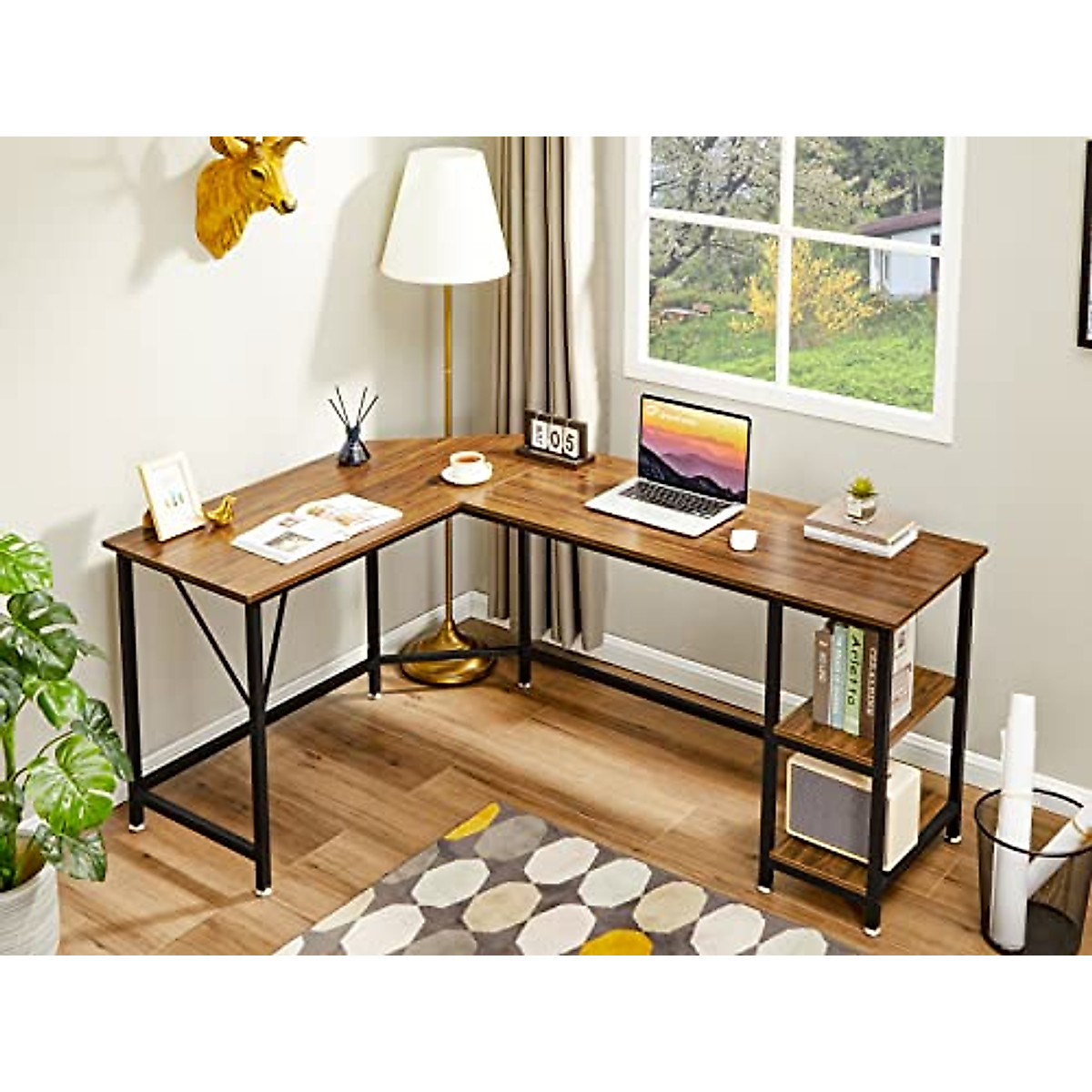GreenForest L Shaped Computer Desk with Storage Shelves, 66 inch Modern Large Corner Gaming Desk for Home Office PC Workstation Space Saving Space, Walnut
