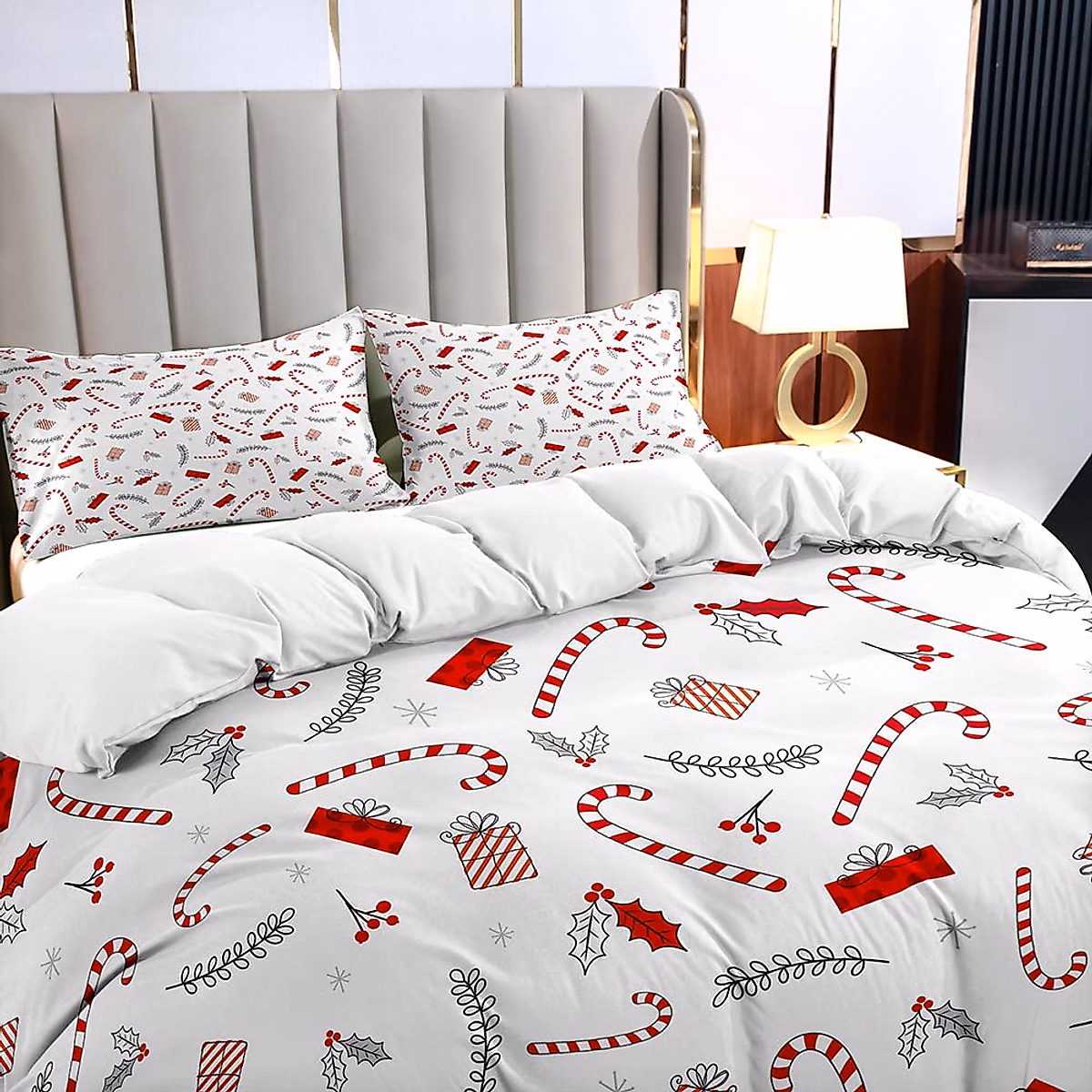 Abosbeet Christmas Duvet Cover Full Boys Girls Leaf Candy Pattern Comforter Cover Hidden Zipper Kids Bedroom Decor 2 Pillowshames White Bedding Sets Microfiber Soft Breathable Bedroom Decor