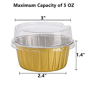 DEAYOU 100-Pack Aluminum Foil Baking Cups with Lids, 5oz Disposable Muffin Cupcake Ramekins, 3" Recyclable Cupcake Foil Liners Mini Tart Pie Tin Pan Holder for Souffle, Pudding, Party, Wedding, Gold