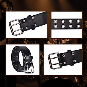 WHIPPY Double Grommet Belt for Women Men PU Leather Double Prong Buckle Vintage Punk Rock Jeans Belts (Black, L)