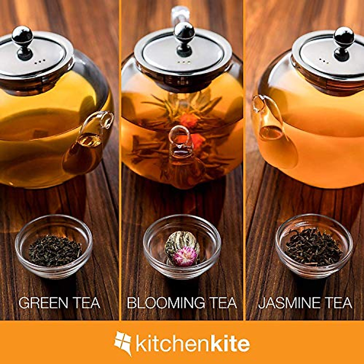 Glass Teapot with Infuser- Glass Tea Kettle for Stove Top with Removable Stainless Steel Strainer, Microwave & Dishwasher Safe, Tea Pot with Blooming, Loose Leaf Tea Sampler, Tea Diffuser & Tea Maker