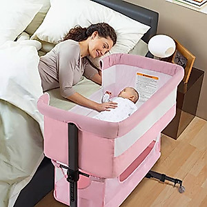 nordmiex 3 in 1 Baby Crib Bedside Crib,Baby Bassinet with Breathable Net,Adjustable Portable Bed for Infant/Baby,Pink, 10.0 kilograms