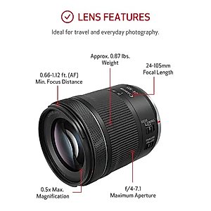 Canon EOS R RF24-105mm F4-7.1 is STM Lens Kit, Vlogging and Content Creator Camera 4K UHD, Digital Single-Lens Non-Reflex AF/AE, 0.4 Magnification, Mirrorless and Full-Frame, Compact & Lightweight