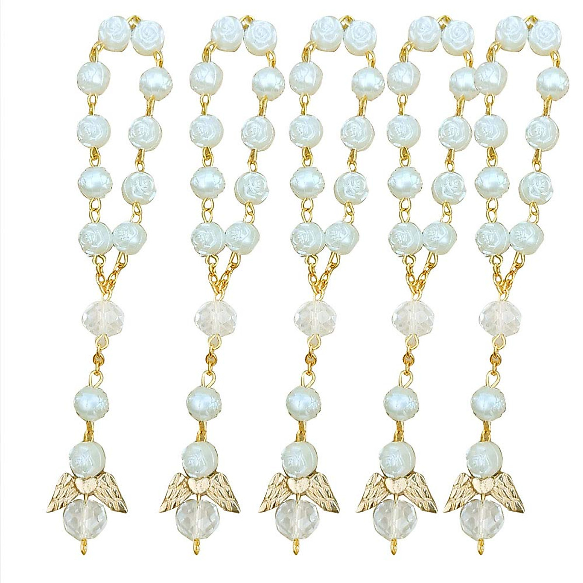 Awtilife 30 Pc San Joaquin Creations Ivory Color and 30 Organza Gift Bags Baptism Favors with Angels Mini Rosaries Gold Plated for Christening Favors Baby Shower