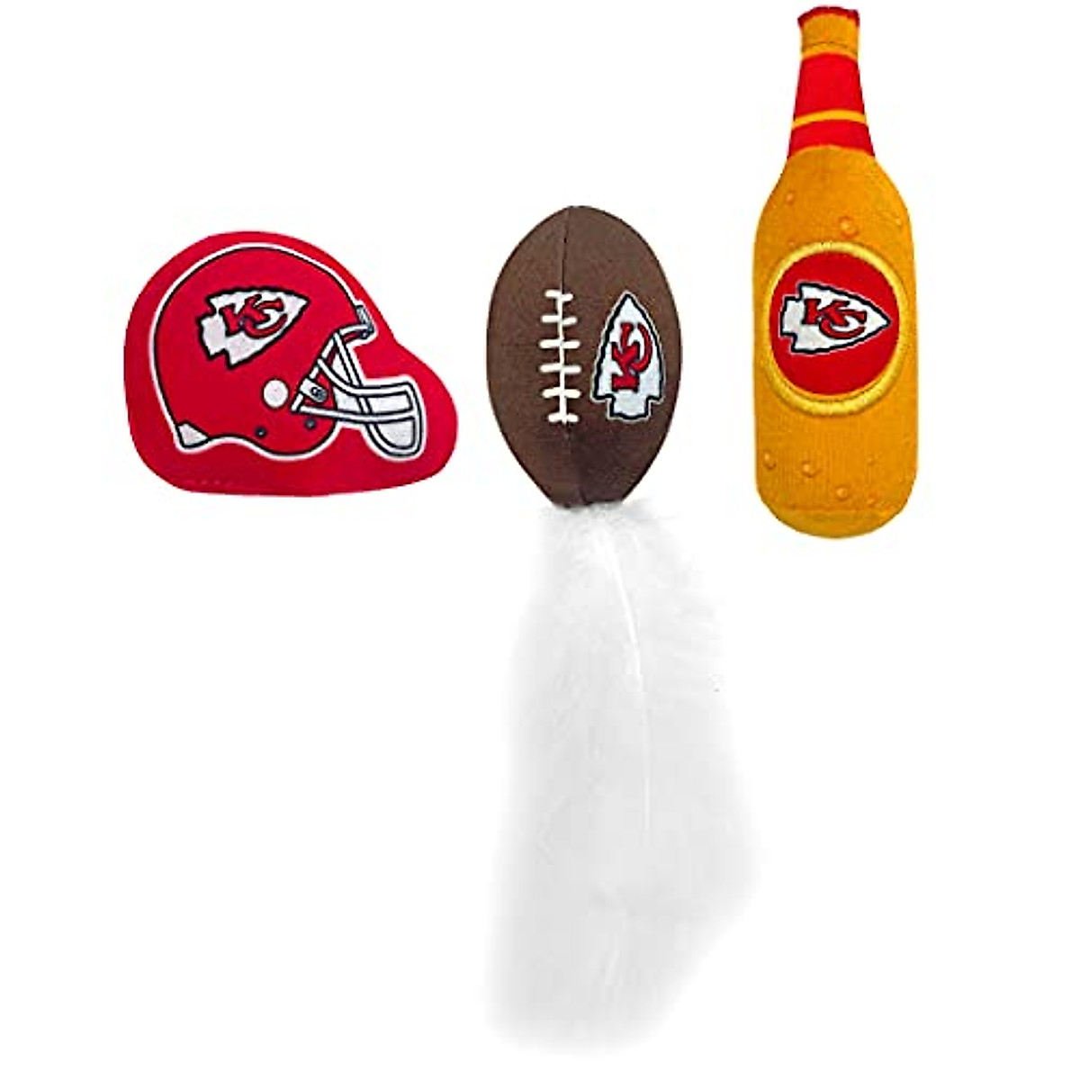 BEST PLUSH CAT TOY: NFL KANSAS CITY CHIEFS Complete Set of 3 piece Cat Toys filled with Fresh Catnip. Includes: 1 Helmet Cat Toy, 1 Football Cat Toy with Feathers & 1 Beer Bottle. Beautiful Team LOGOS
