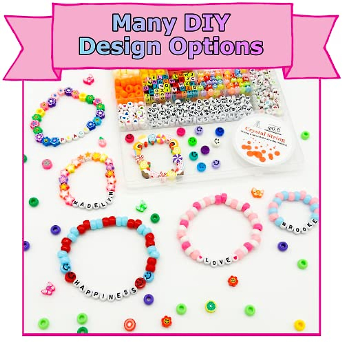 Luwanio Bracelet Making Kit, Pony Beads Polymer Clay Beads Smiley Beads Letter Beads for Bracelets Jewelry Making, DIY Arts and Crafts Gifts for Girls Age 6 7 8 9 10-12