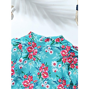 Moily Infant Baby Girls Long Sleeve Floral Ruffles One Piece Swimsuit Rash Guard Shirts Bathing Suit Blue 6-12 Months