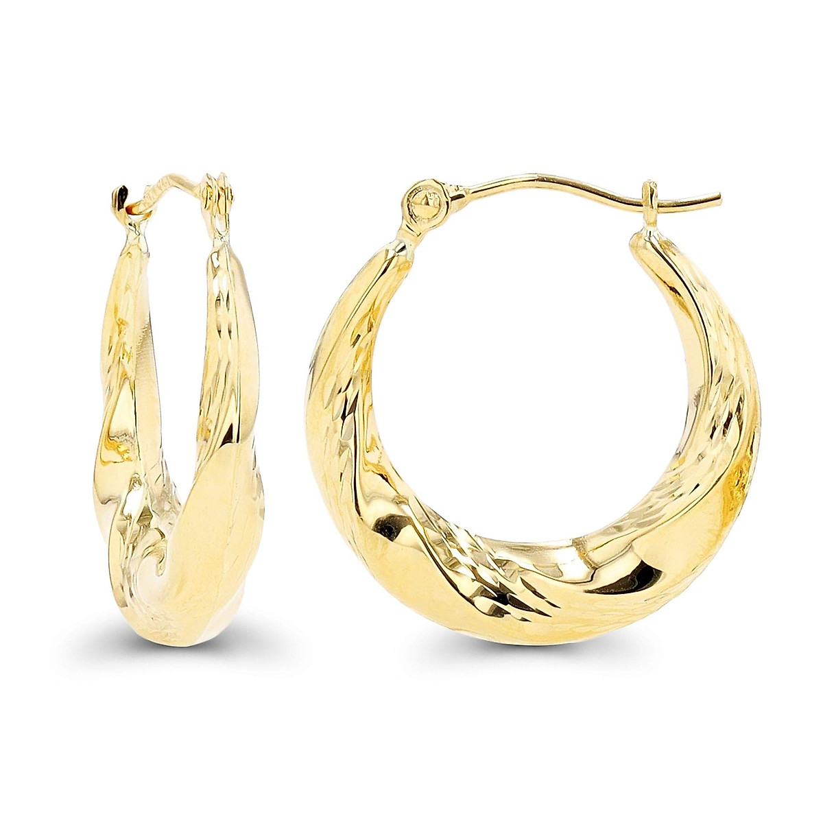 14K Yellow Gold Diamond Cut & Polished Twisted Hoop Earrings For Women | 4x20mm Hoops | Earrings For Sensitive Ears | Solid Gold Earrings For Women