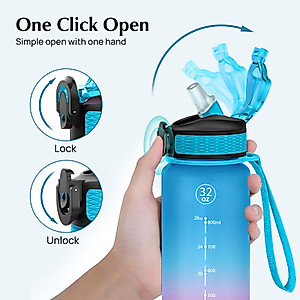 EYQ 32 oz Water Bottle with Times Marker, Carry Strap, Leak-Proof Tritan BPA-Free, Ensure You Drink Enough Water for Fitness, Gym, Camping, Outdoor Sports (Green/Purple Gradient)