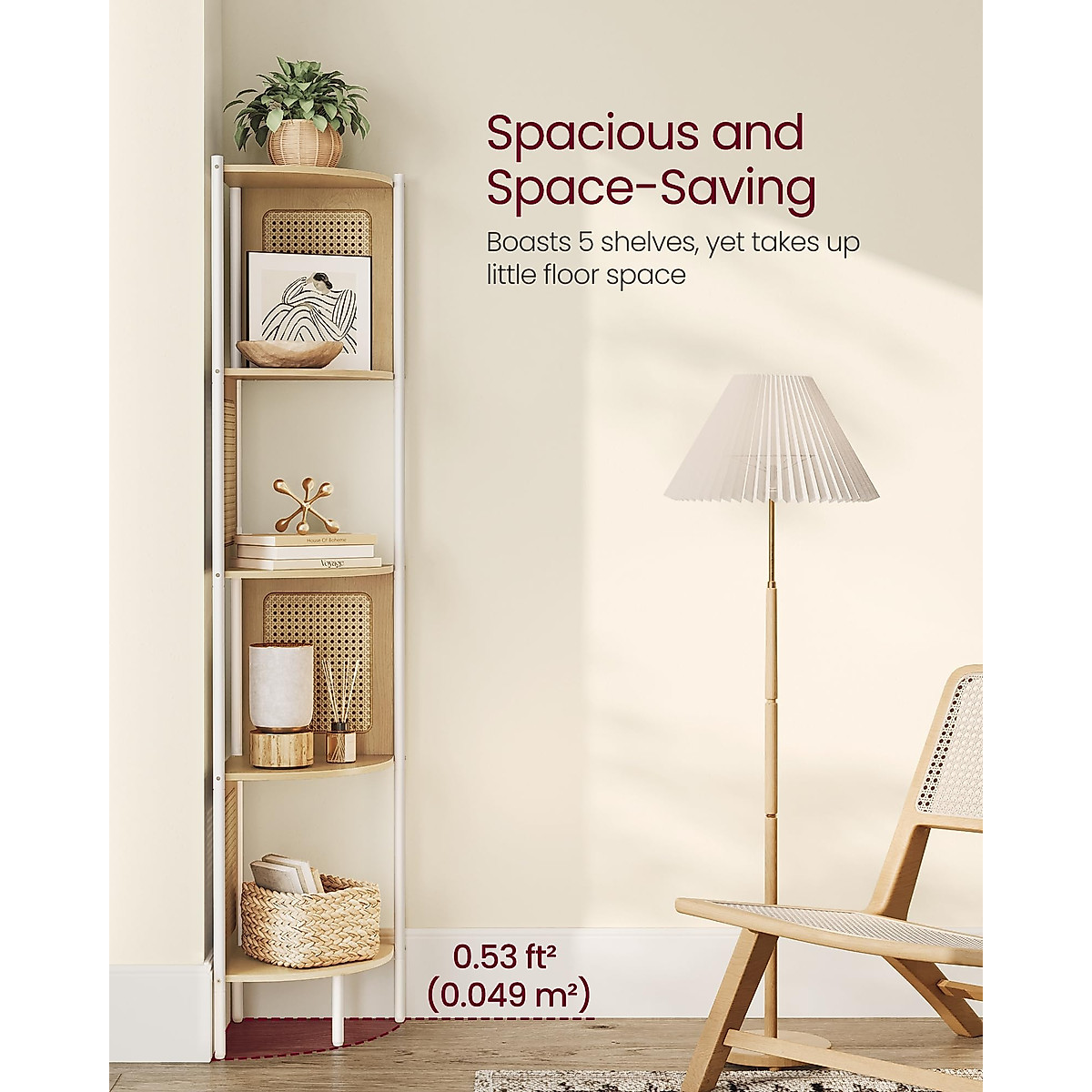 VASAGLE 5-Tier Corner Shelf Stand, Boho Corner Bookshelf with Polyrattan Sides, Plant Stand for Living Room Bedroom Study Kitchen, Oak Beige ULLS588Y57