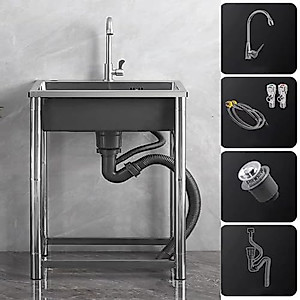 DOUKI Outdoor Stainless Steel Sink, Free Standing Small Sink, Kitchen Sink Single Bowl Prep & Utility Sink, Portable Garden Sink W/Hot and Cold Faucet (Size : 18 x16 inch (45x40 cm))