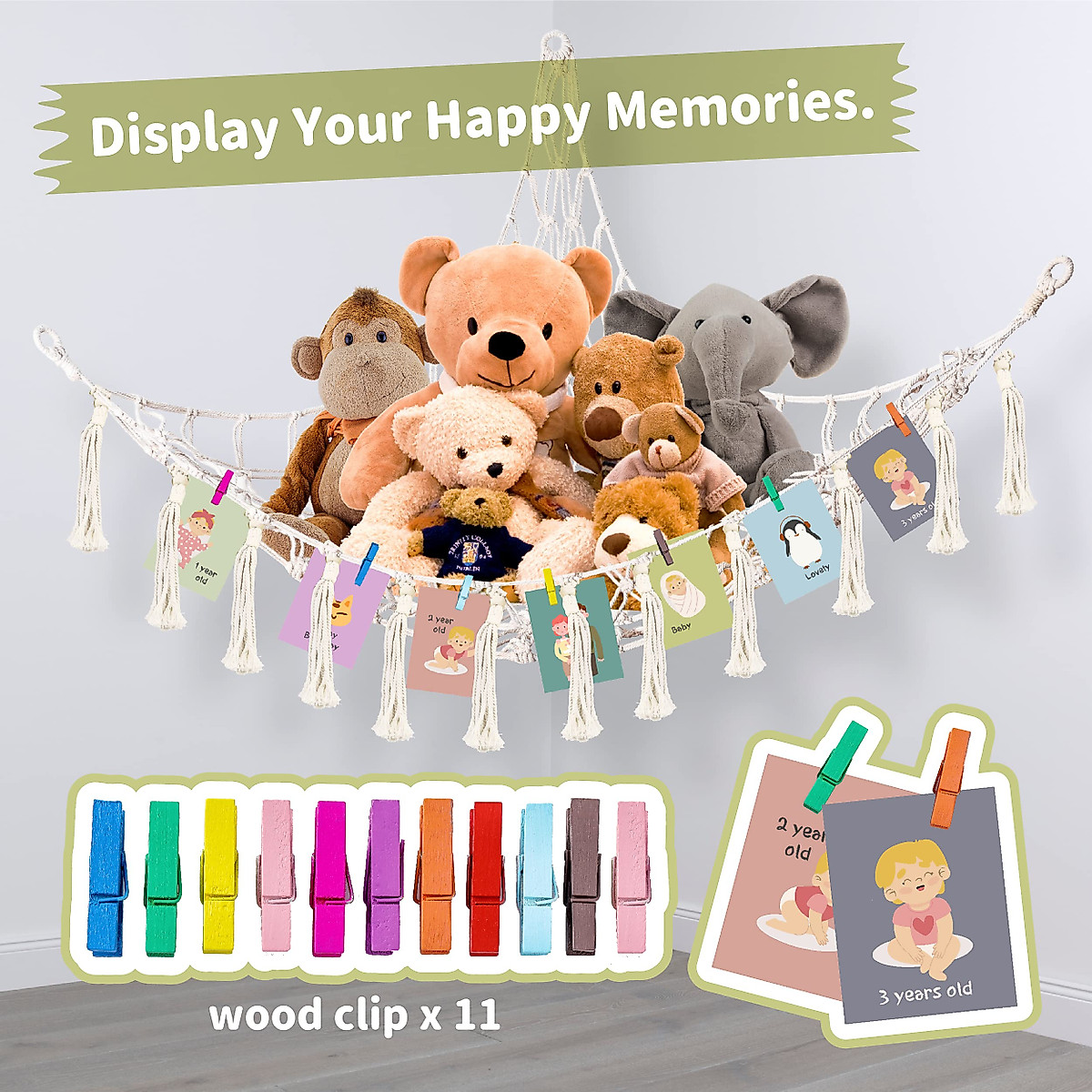 UNKENBO Stuffed Animal Storage Hammock - Macrame Toy Hammock with Photo Clips, Star String Lights, Space Saving Hanging Corner Stuffed Animal Net or Hammock, Boho Kids Bedroom Decor (Cream)