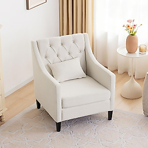 HUIMO Upholstered Living Room Chairs,Accent Chair with Solid Wood Frame,Reading Chair for Bedroom,Tufted Armchair,Mid Century Sofa Chair,Comfy Club Chair for Living Room (Beige)