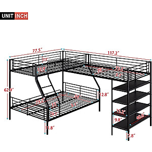 DNYN Twin Over Full Bunk Bed for Kids,L-Shaped Metal Bedframe with Loftbed Style & 4 Built-in Shelves,Perfect for Dorm,Bedroom,Guest Room,No Box Spring Needed,117.2"x77.5"x62.9", Black