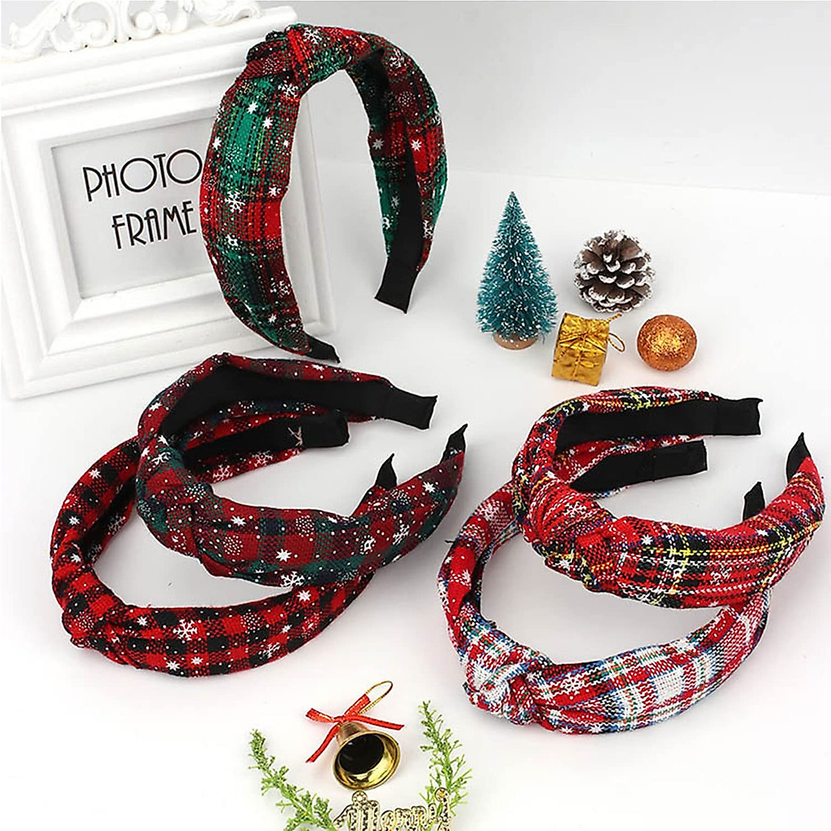 KizBruo 2PCs Christmas Wide Knotted Plaid Headbands Fashion Vintage Turban Hair Band Retro Criss Cross Christmas St. Patrick's Day Headband for Women Girl Xmas Hair Accessories