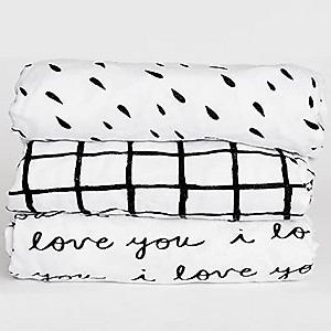 NODNAL CO. 3 Fitted Crib Sheets Black/White Set for Baby Toddler Mattress - 100% Oeko-TEX Cotton Gender Neutral for Girl/Boy Nursery Bedding - I Love You, Plaid & Abstract Polka Dots 28”x52”x9” Sheet