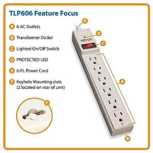 Tripp Lite 6 Outlet Surge Protector Power Strip 6ft Cord 790 Joules LED & INSURANCE (TLP606)
