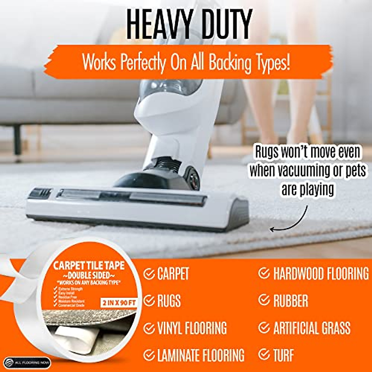 ALL FLOORING NOW Double Sided Tape Heavy Duty Carpet Tape 2in x 90ft For Carpet Tiles, Rug Tape, Vinyl Flooring, Indoor Outdoor Carpet, Grip Tape, Rug Tape Hardwood Floor Double Stick Tape Rug Gripper