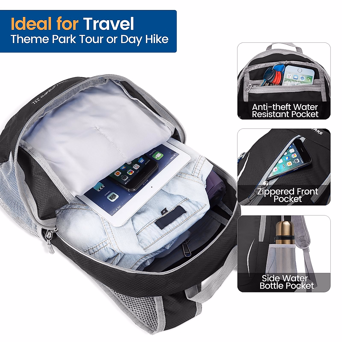 ZOMAKE Ultra Lightweight Packable Backpack 25L - Foldable Hiking Backpacks Water Resistant Small Folding Daypack for Travel(Black)