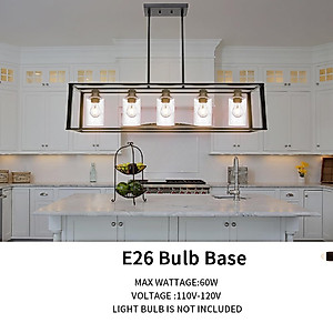 Wanluce Rectangular Chandelier for Dining Room 5 Light Matte Black Lights Fixtures with Glass Shade Farmhouse Linear Industrial Modern Hanging Lighting