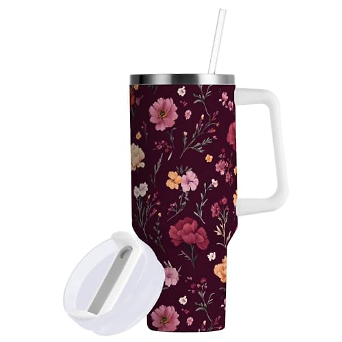 linqin Pink Flowers Peonies Burgundy Vacuum Tumbler Insulated Leak-proof Lid and Straw 40 oz Stainless Steel Water Bottle Reusable Office Mug for School, Daycare, Camp