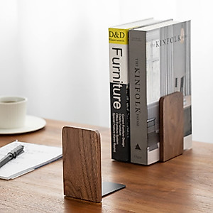 Muso Wood Book Ends for Shelves, Non-Slip Bookends, Heavy Duty Wooden Bookend Support for Books and Movies (Walnut 2 Pairs)