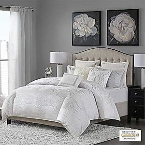 MADISON PARK SIGNATURE Hollywood Glam Cozy Comforter Set - All Season Bedding Combo Filled Insert and Removable Duvet Cover, Shams, Decorative Pillows, Metallic White Queen(92"x96") 9 Piece